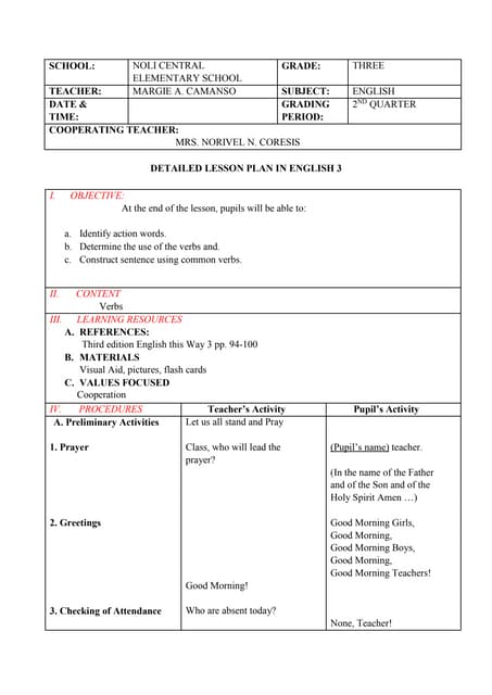 Detailed Lesson Plan in English 2 - (VERBS) | DOCX | Sports