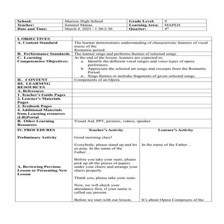 Music 9 Lesson 2 components of an opera | PPTX