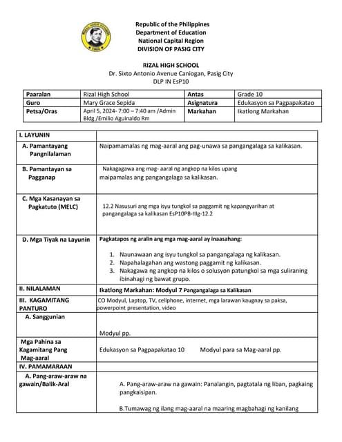 Grade 1 daily lesson log. week 6 day 1 to 5 GMRC | PPT