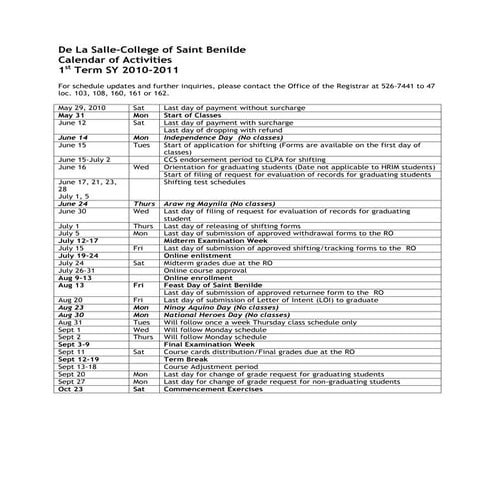 Dls csb calendar of activities sy2010-2011 1st term | PDF