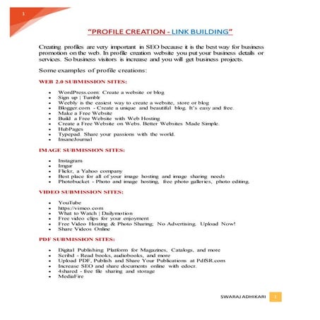 Higher Page Rank Sites List for SEO - “PROFILE CREATION" | DOCX