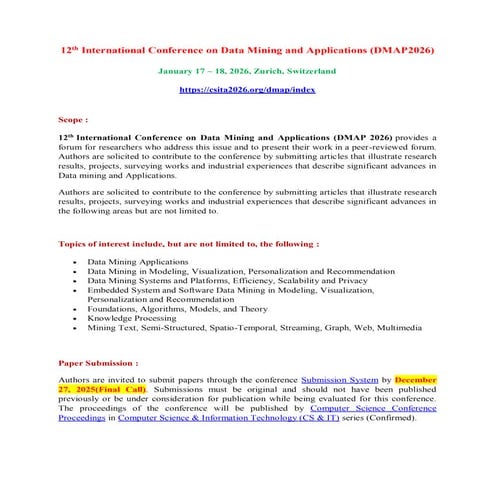 12th International Conference on Data Mining and Applications (DMAP ...