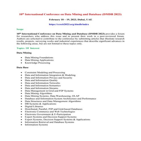 10th International Conference On Data Mining And Database Dmdb 2023 Pdf