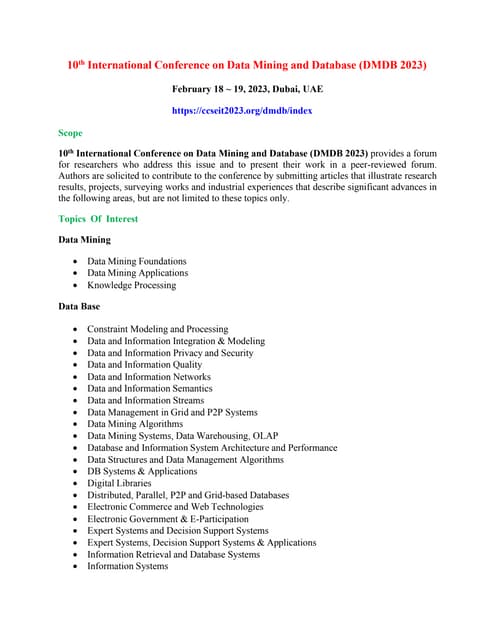 10th International Conference On Data Mining And Database Dmdb 2023 Pdf
