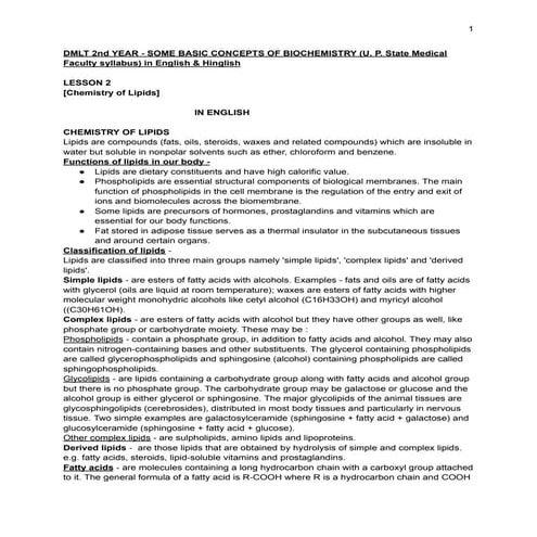 DMLT (2nd Year) : Chemistry of Lipids - Some basic concepts (U. P. State Medical Faculty ...