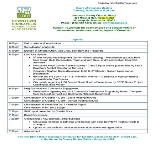 DMNA November Board Meeting Agenda 11-8-11 | PDF