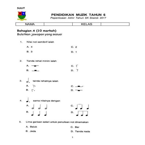 Peperiksaan Akhir Tahun November 2017 | Pendidikan Muzik Tahun 6 | DOCX
