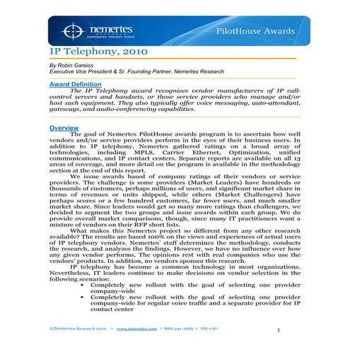 Nemertes 2010 pilot house awards ip telephony 2 (4) | PDF