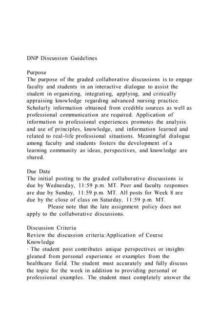 DNP Discussion Guidelines and Rubric PurposeThe purpose o | PDF