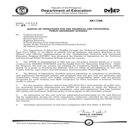 DepEd Order No. 89, series of 2010 - Manual of Operations for the ...