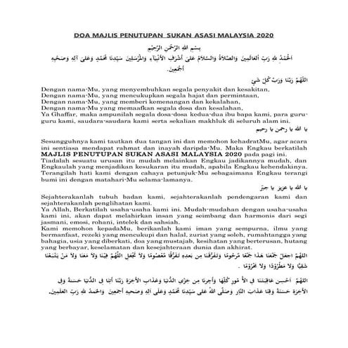 Doa majlis penutupan sukan asasi malaysia 2020 | DOCX