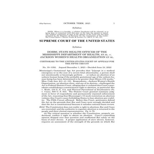 Dobbs vs. Jackson Women's Health Organization | PDF