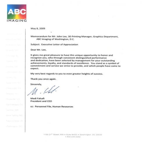 Executive Letter of Appreciation from CEO of ABC Imaging | PDF