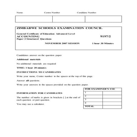 Zimbabwe Schools Examinations Council Accounting Paper 2 2007 Zimsec ...