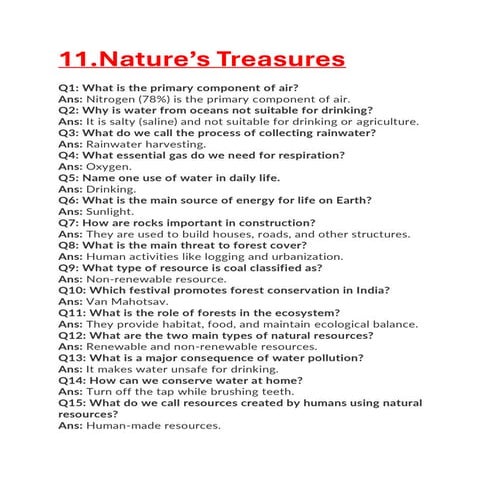 Nature's Treasures notes solutions vsqa mcqs 6th science curiosity | PDF