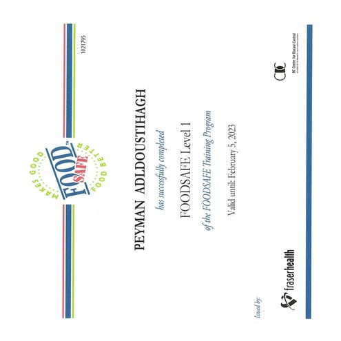 Foodsafe Level 1-Peyman ADL DOUSTI HAGH | PDF