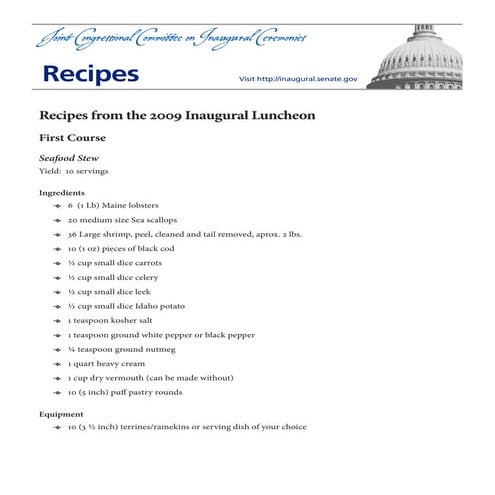 Obama Inauguration Lunch Menu Recipes | PDF