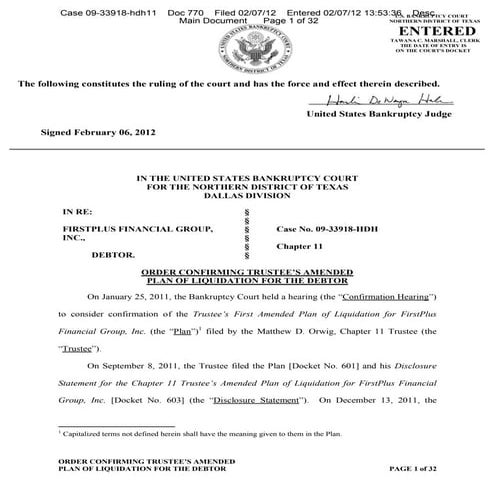 Doc770 order confirming trustee's amended plan of liquidation for the ...
