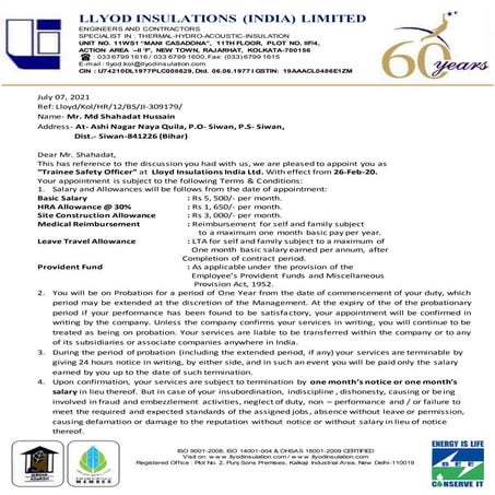 LLYOD INSULATION OFFER LETTER | PDF
