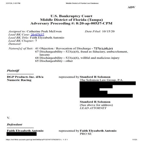 DGP Products v Antonio Bankruptcy Adversary Docket Report - Middle District of Florida Tampa | PDF