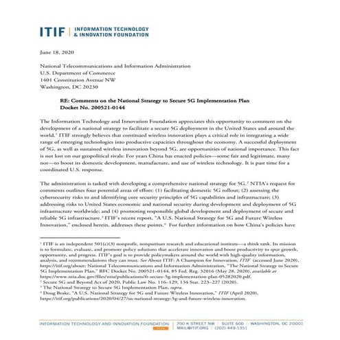 DOC NTIA ITIF Comments on the National Strategy to Secure 5G ...