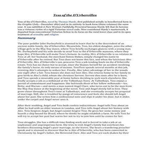 TESS OF THE D'URBERVILLES summary ,characters and Themes | DOCX ...