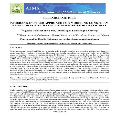 PAGERANK-INSPIRED APPROACH FOR MODELING LONG-TERM BEHAVIOR IN STOCHASTIC GENE REGULATORY ...