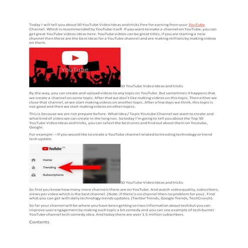 50 YouTube Video Ideas and tricks free | DOCX