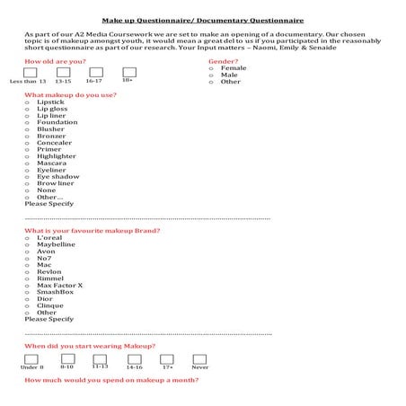 Documentary questionnaire | DOCX | Makeup and Accessories | Beauty