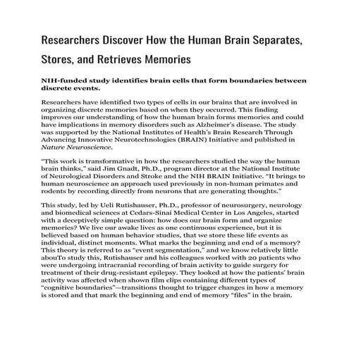 Researchers Discover How the Human Brain Separates, Stores, and ...