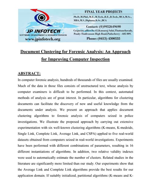 Document Clustering For Forensic Analysis An Approach For Improving Computer Inspection Ppt