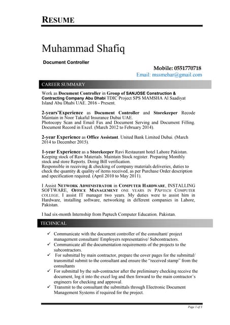 Muhammad shafiq cv document controller | PDF