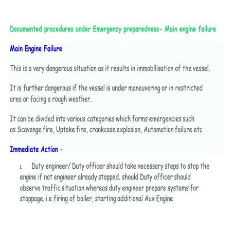 Documented procedures under Emergency preparedness- Main engine failure ...
