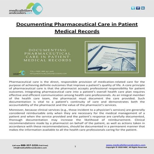 Documenting Pharmaceutical Care in Patient Medical Records | PDF