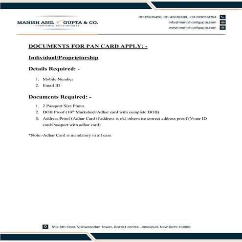 Documents for PAN Individual Propreitorship | PDF