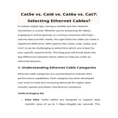 Cat5e vs. Cat6 vs. Cat6a vs. Cat7: Selecting Ethernet Cables? | PDF
