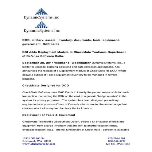 Dod deployment press release1 | DOC | Technology & Computing