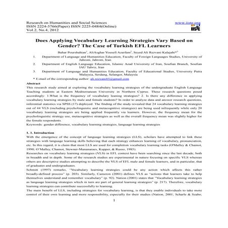Does applying vocabulary learning strategies vary based on gender the case of turkish efl ...