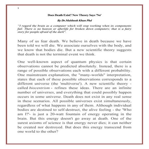 Does Death Exists New Theory says "NO" By Dr.Mahboob Khan Phd | PDF