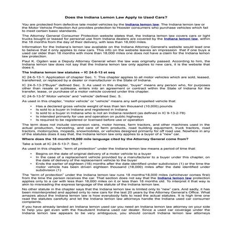 Does the indiana lemon law apply to used cars | PDF