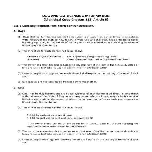 Dog and Cat Licensing Law Franklin TWP. NJ | PDF