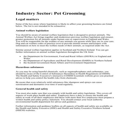 Dog grooming industry sector legislation | DOCX