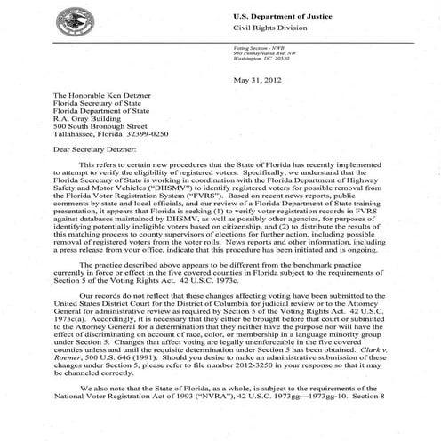 Justice Department letter to Florida Secretary of State | PDF