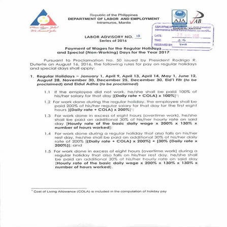 DOLE Labor Advisory for Payment of Wages for 2017 Holidays. | PDF