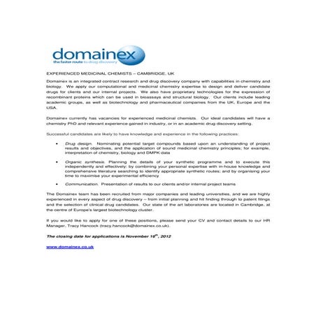 Domainex Experienced Medicinal Chemist Vacancies | PDF