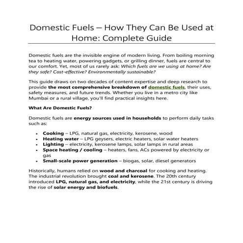 Domestic Fuels – How They Can Be Used at Home: Complete Guide | PDF