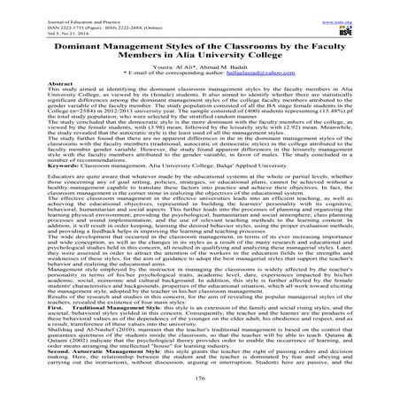 Dominant management styles of the classrooms by the faculty members in ...