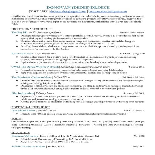 Donovan Dedee Droege resume summer 2020 | PDF