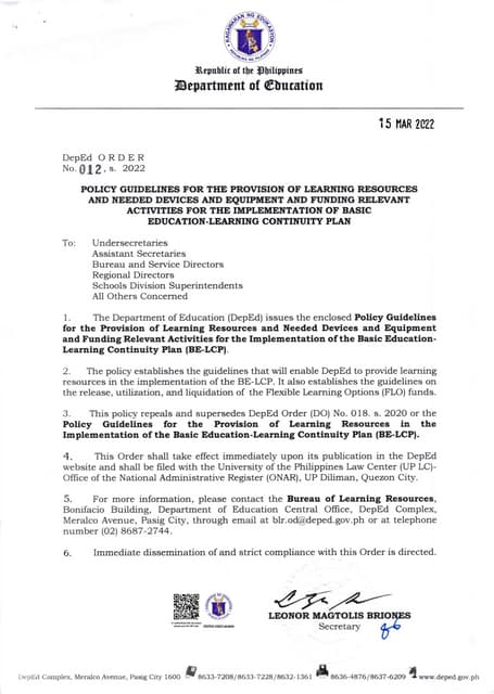 Implementing Guidelines for the ARAL Program | PPTX