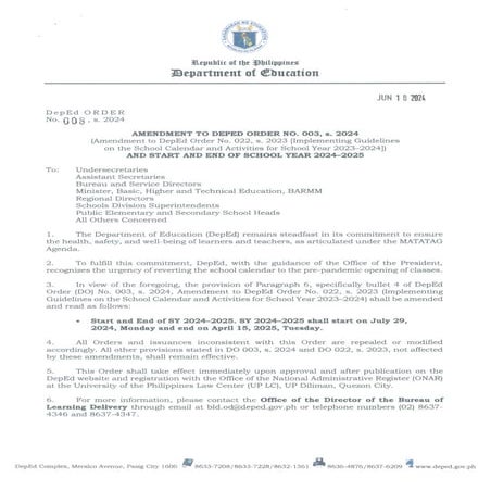 DepEd School Calendar 2024-2025 DO_s2024_008 | PDF